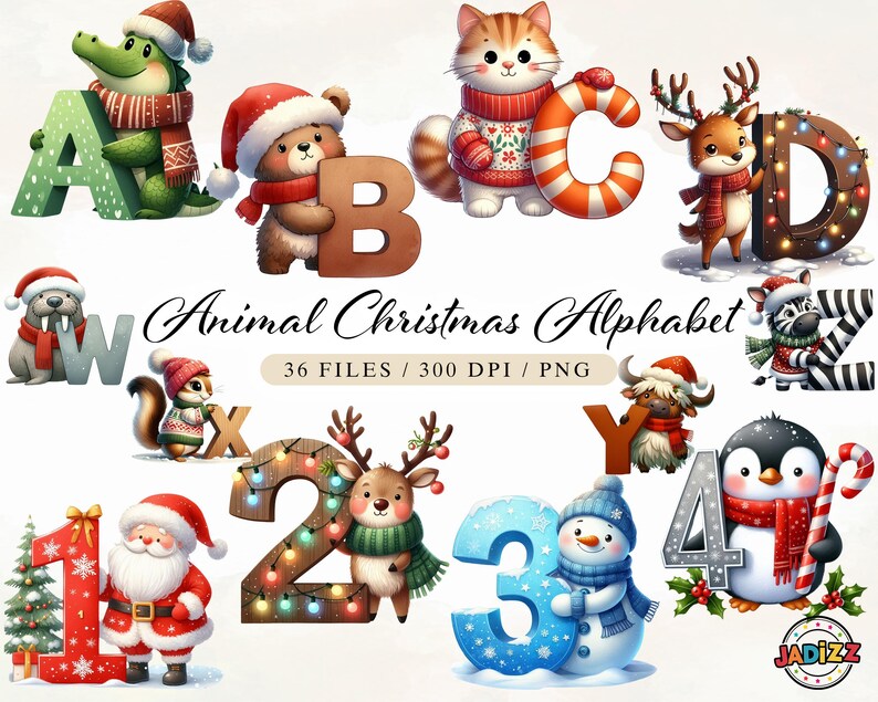 Animal Christmas Alphabet PNG, Christmas Alphabet & Numbers PNG, Doodle ...
