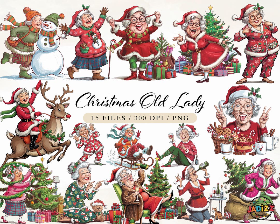 Christmas Old Lady Bundle Sublimation PNG, Whimsical Grandma Stickers ...