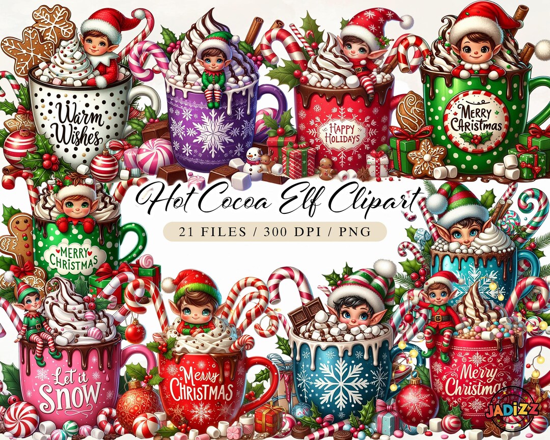 Hot Cocoa Elf Bundle Clipart, Christmas Clipart, Holiday Mugs, Candy ...