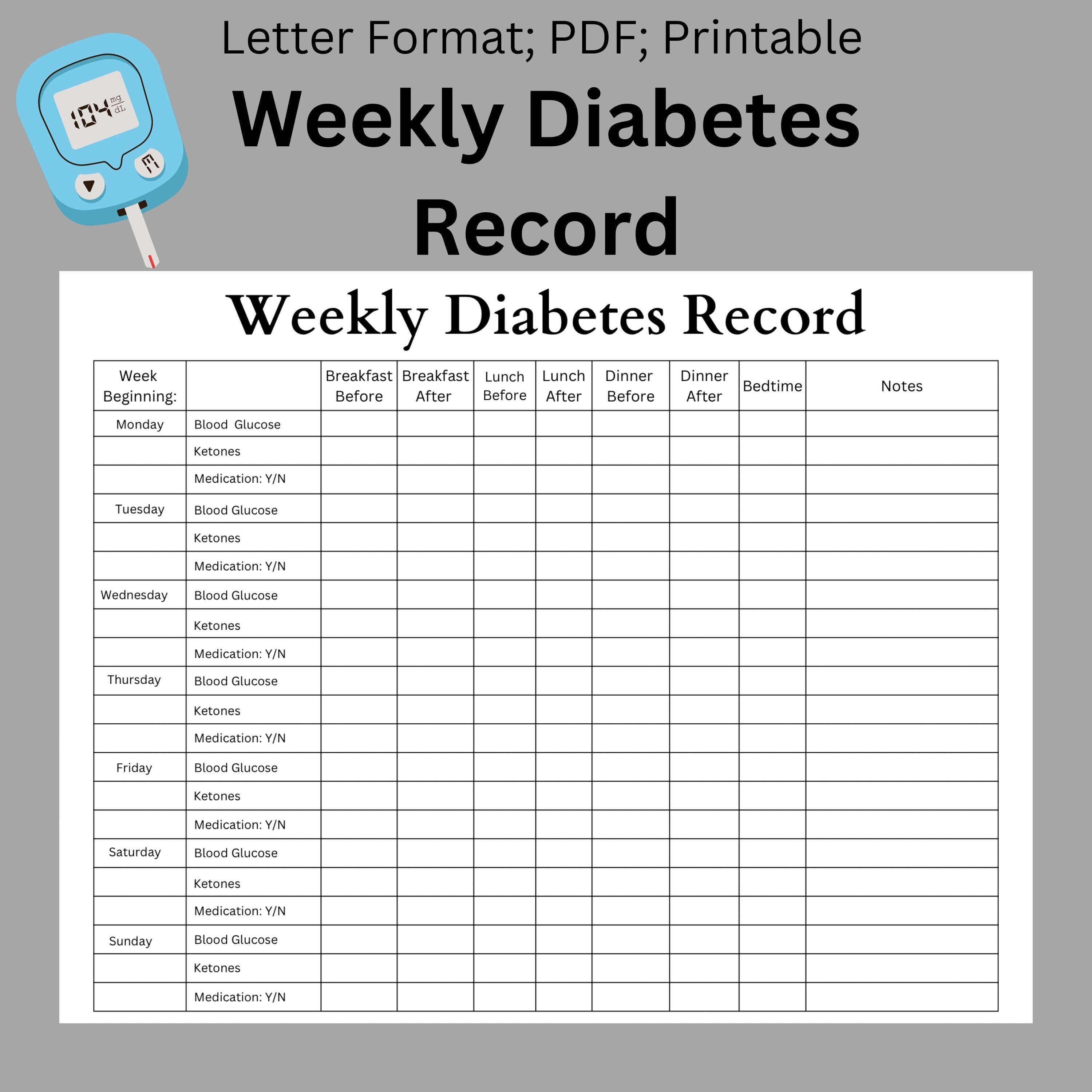 Printable Weekly Diabetes Report, Blood Glucose Tracker, Blood Sugar ...