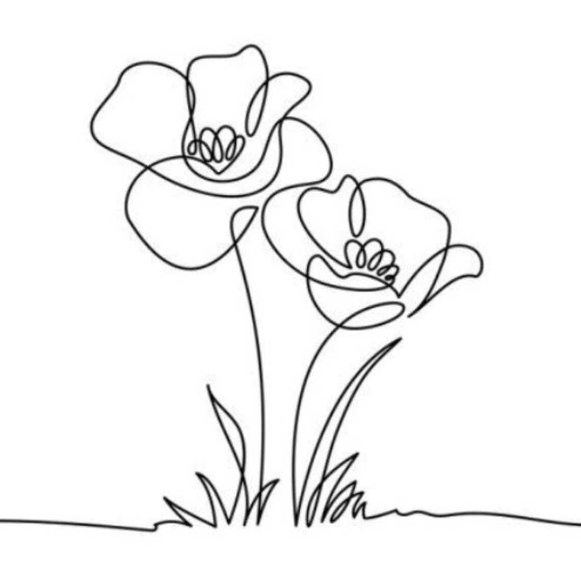 Poppy Flowers in Continuous Line Art Drawing Style. Floral Border With ...