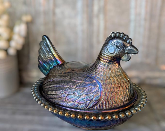 Vintage Hen on Nest, Carnival Blue Indiana Glass, Collectible Glass ...