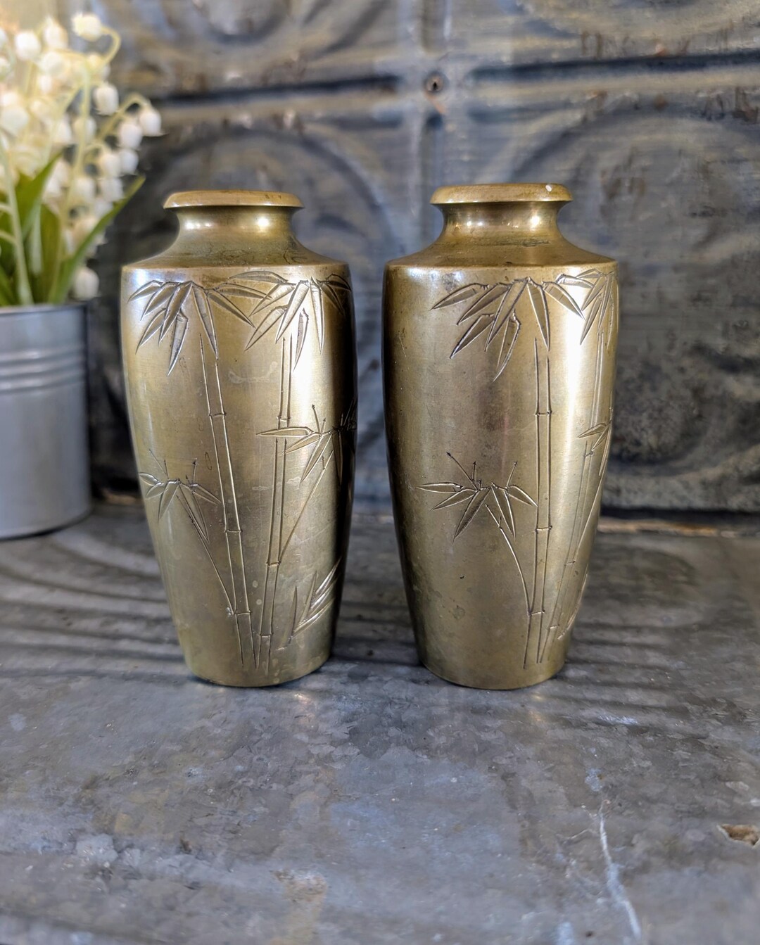 Antique Set of Japanese Brass Vases, Bamboo Motif - Etsy