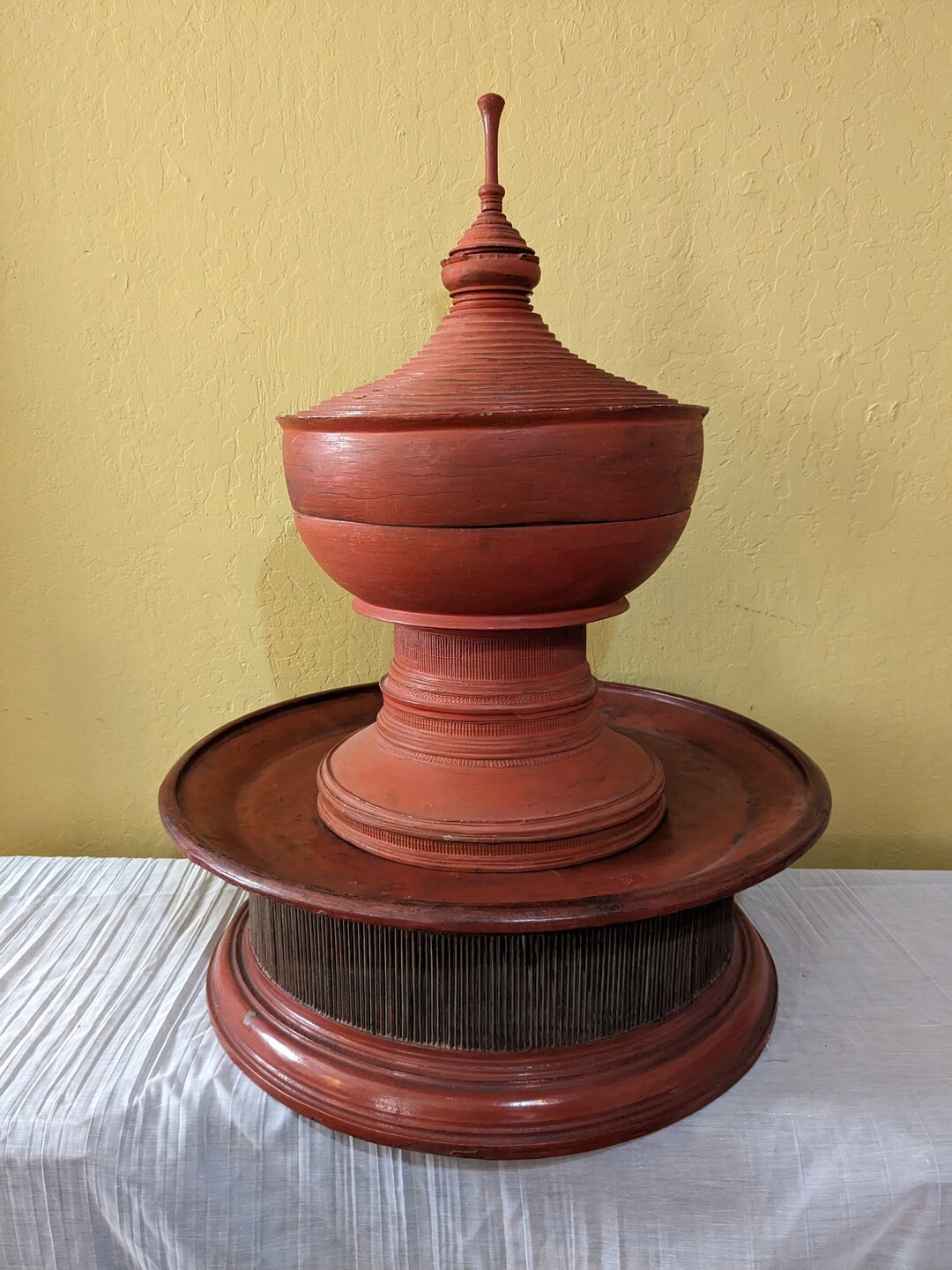 Antique Cinnabar Red Lacquer Offering Pot, Decorative Burmese Urn With ...