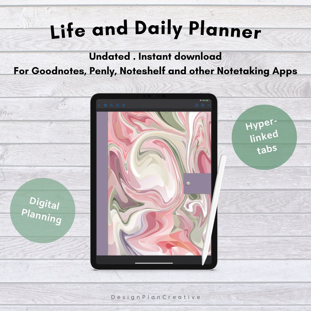 Life and Daily Digital Planner in Green and Pink Fluid Art, Digital ...