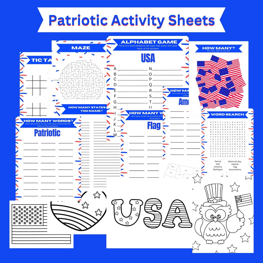 16 Patriotic Activity Sheets Coloring Pages, Name the States, Word ...