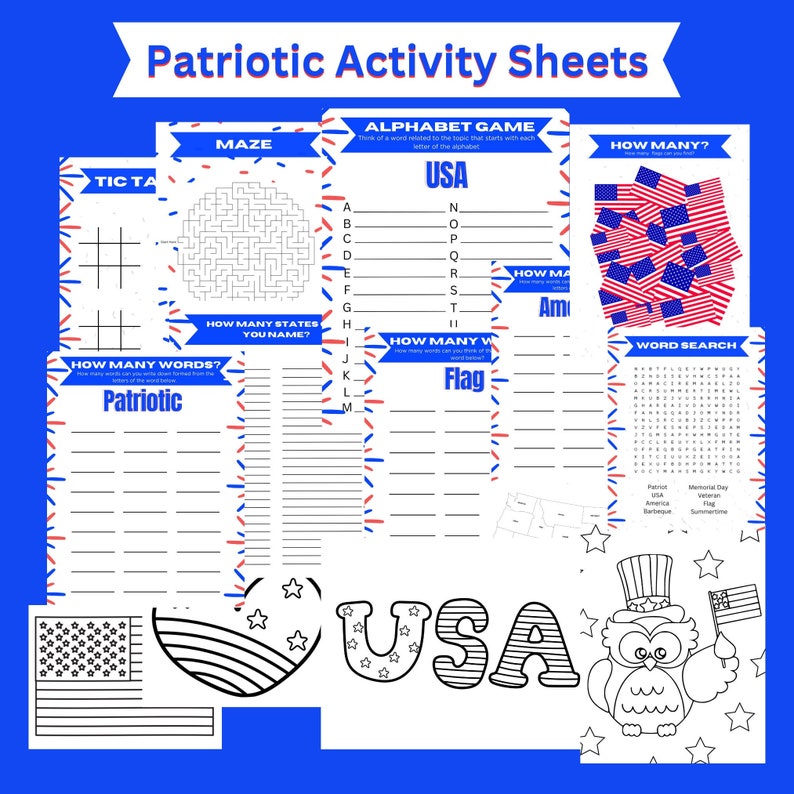 16 Patriotic Activity Sheets Coloring Pages, Name the States, Word ...