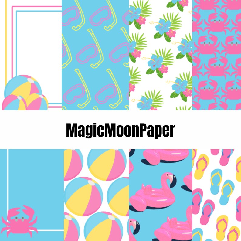 24 Bright Summer Digital Printable Paper Beach Theme Flamingos Pink and ...