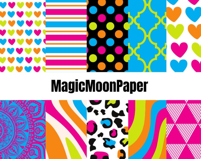 Digital Paper Pack, Neon Digital Scrapbook Paper, Neon Digital Paper ...