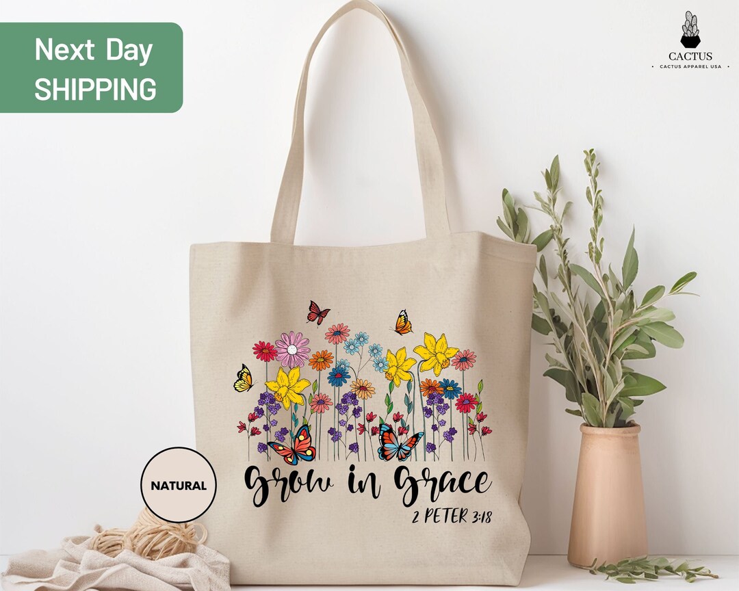Cute Christian Tote Bag for Women, Grow in Grace, Floral Church Bag ...