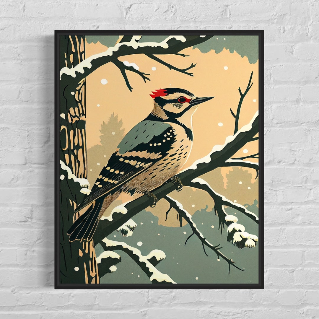 Downy Woodpecker Retro Art Print, Downy Woodpecker Illustration, Downy ...