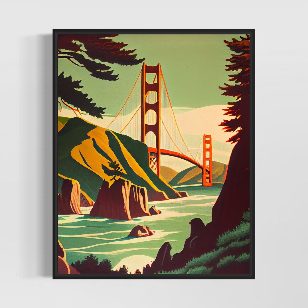 Golden Gate Bridge Retro Art Print, Golden Gate Bridge Wall Art ...