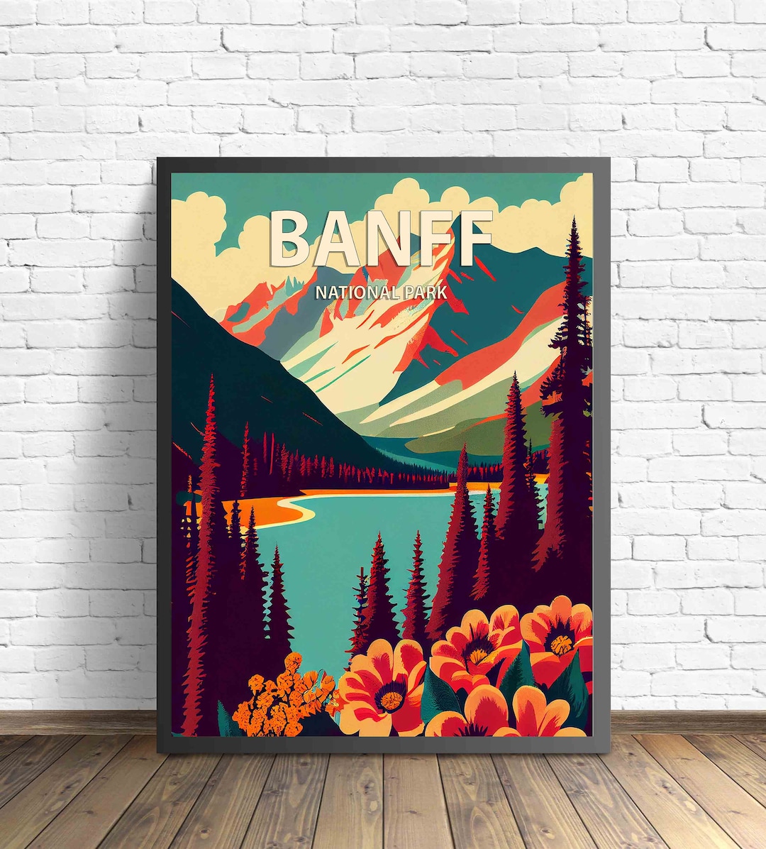 Banff Canada National Park Retro Art Print, Banff Wall Art Illustration ...