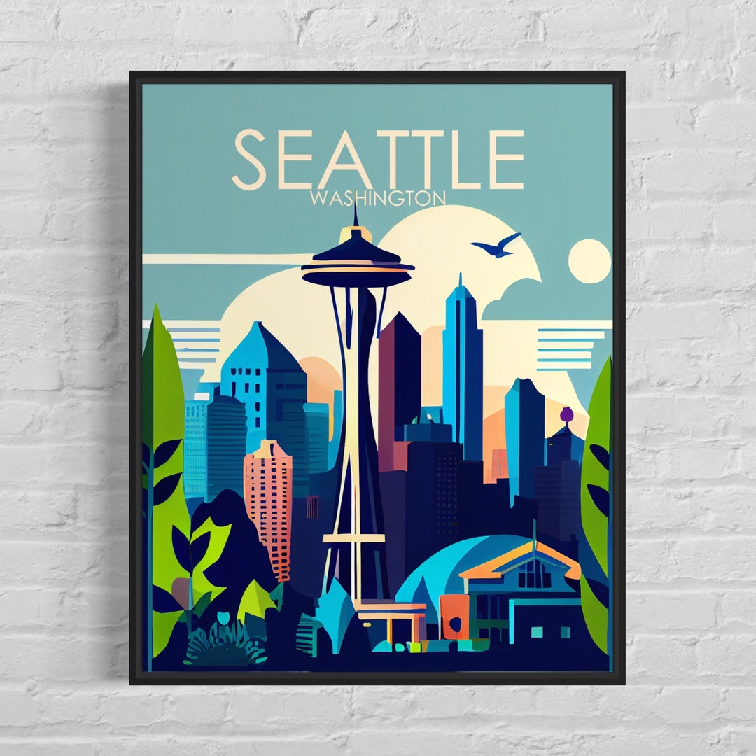Seattle Washington Retro Art Print, Seattle Wall Art Illustration ...