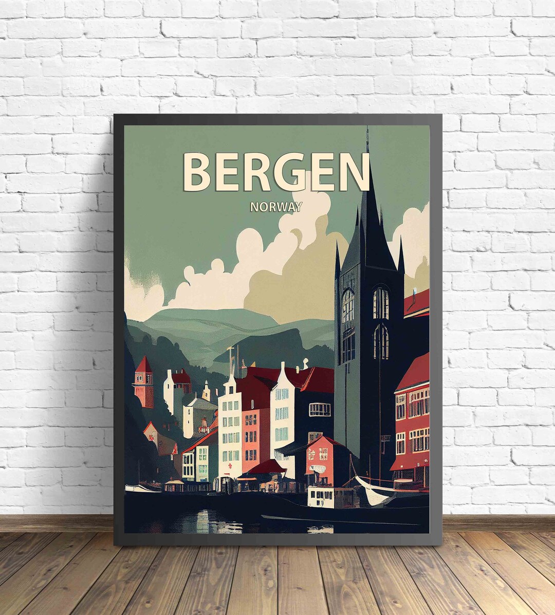 Bergen Norway Retro Art Print, Bergen Wall Art Illustration, Bergen ...