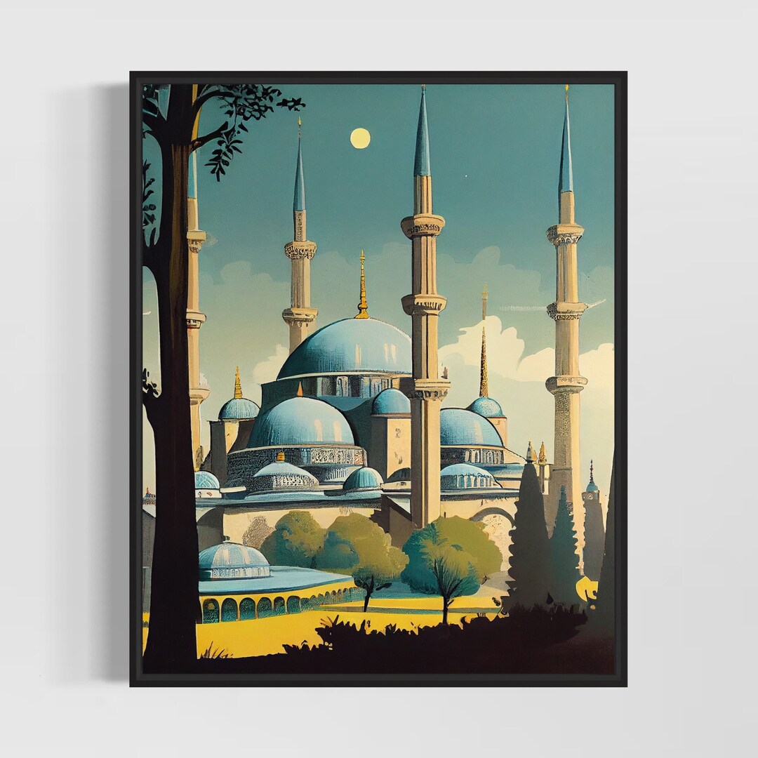 Blue Mosque Retro Art Print, Blue Mosque Wall Art Illustration, Blue ...