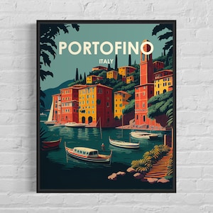 Portofino Italy Retro Art Print, Portofino Italy Wall Art Illustration ...