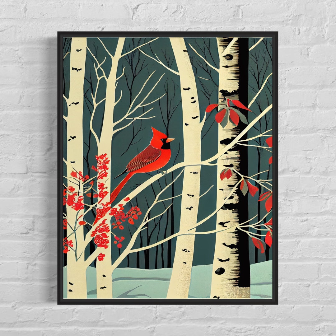 Red Cardinal and Birch Tree Retro Art Print, Red Cardinal and Birch ...