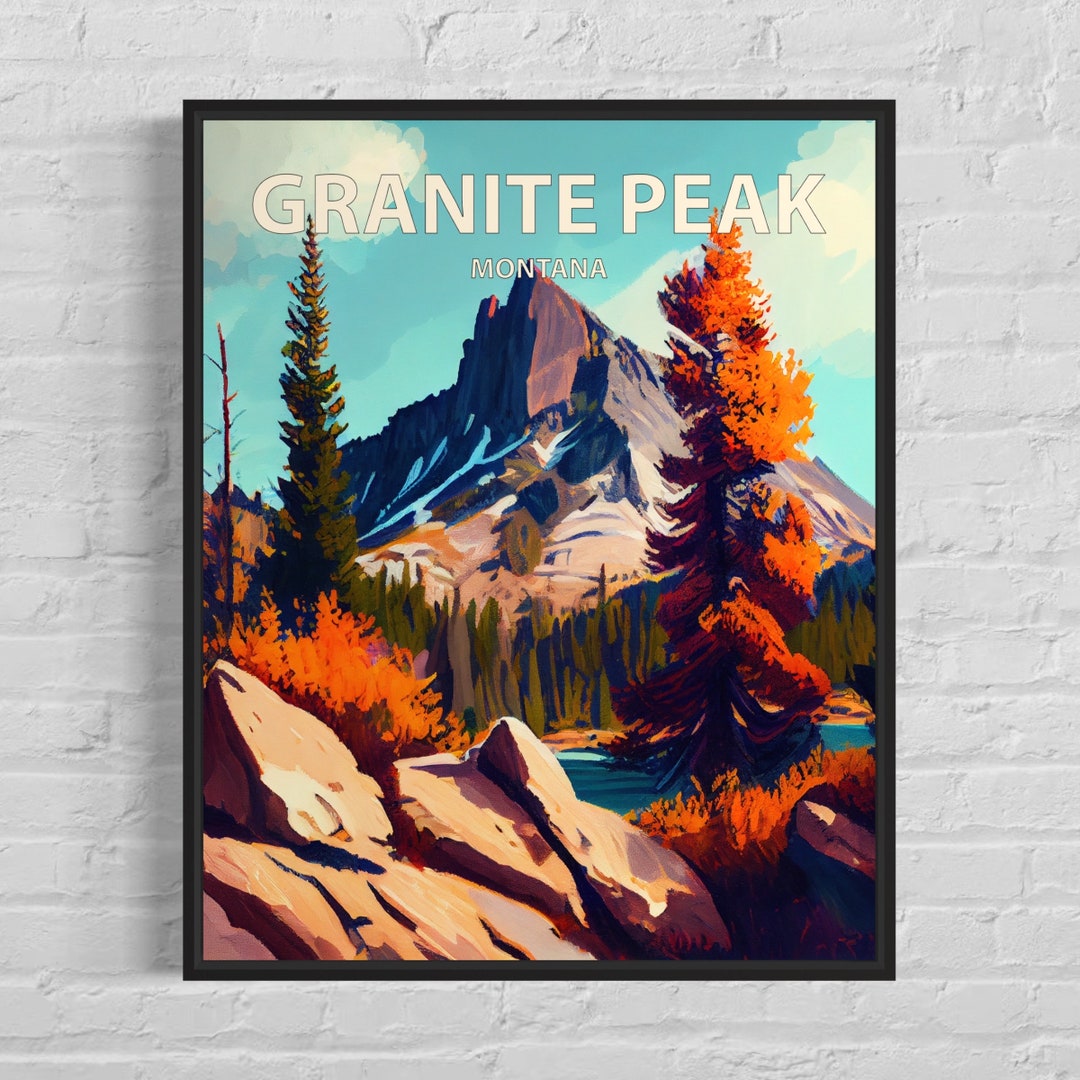 Granite Peak Montana Retro Art Print, Granite Peak Wall Art Painting ...