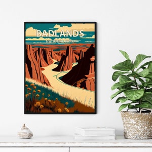 Badlands National Park Retro Art Print, Badlands Wall Art Illustration ...