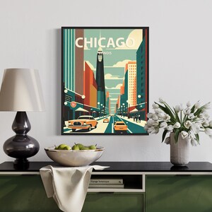 Chicago Illinois Retro Art Print, Chicago Wall Art Illustration ...