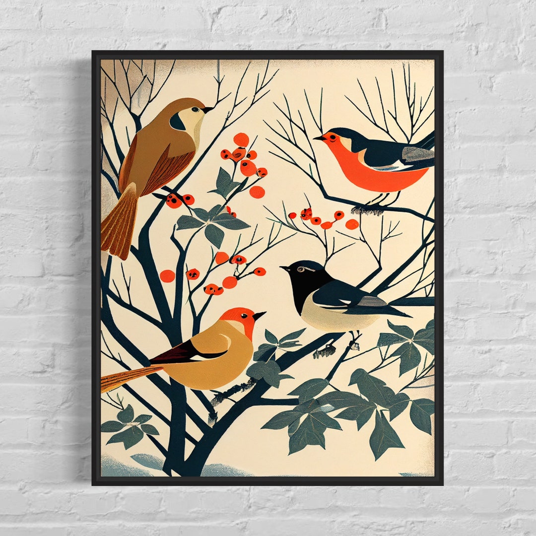 Finches Retro Art Print, Finches Illustration, Finches Vintage Minimal ...