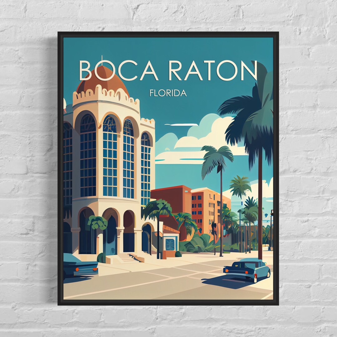 Boca Raton Florida Retro Art Print, Boca Raton Wall Art Illustration ...