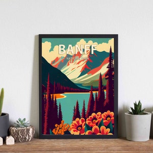 Banff Canada National Park Retro Art Print, Banff Wall Art Illustration ...