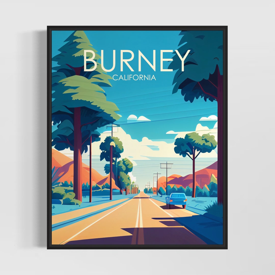 Burney California Retro Art Print, Burney Wall Art Illustration, Burney ...