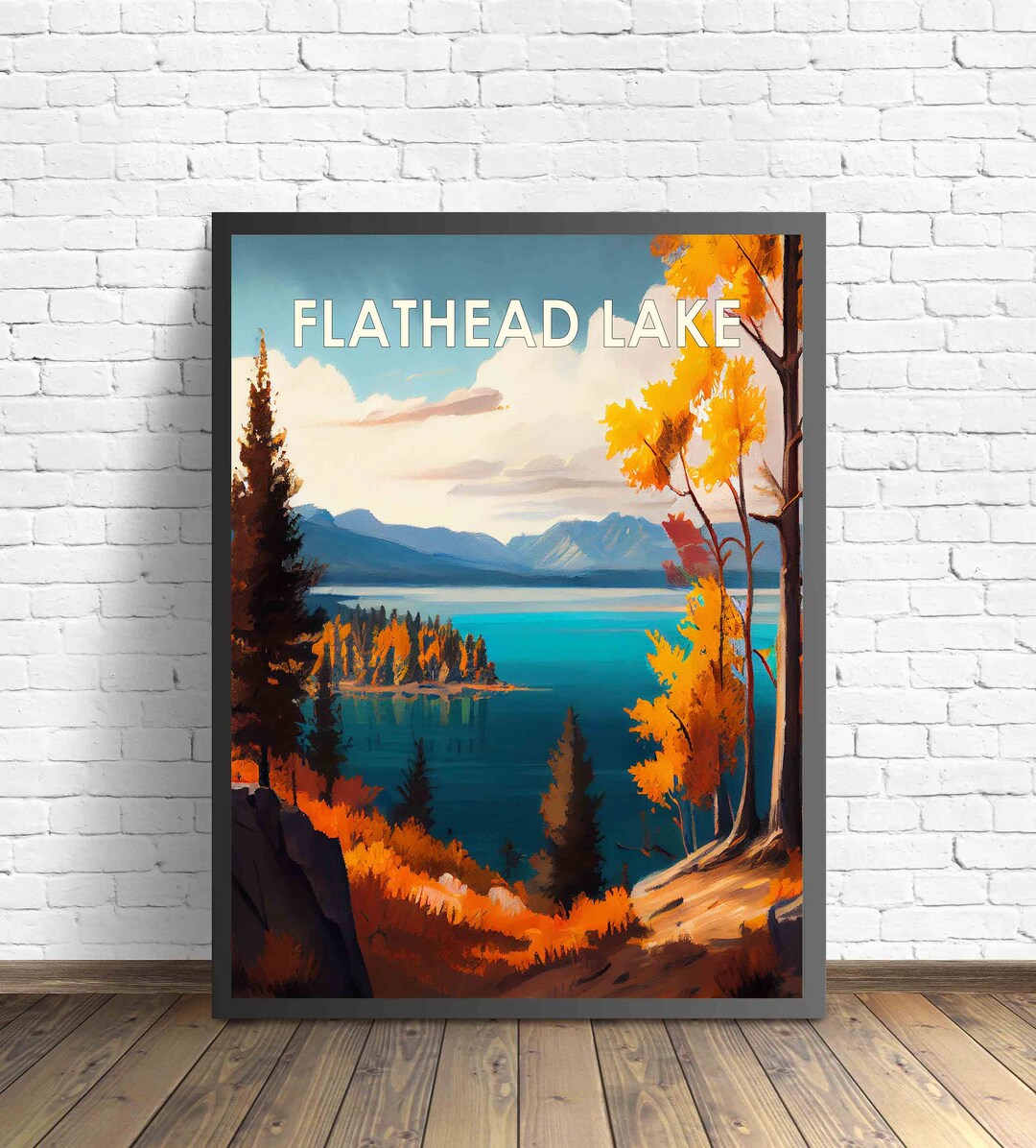 Flathead Lake Retro Art Print, Flathead Lake Wall Art Illustration ...