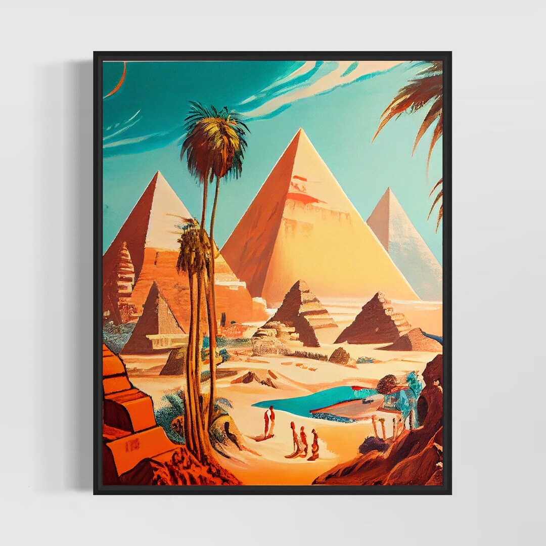Pyramids of Giza Retro Art Print, Pyramids of Giza Illustration ...