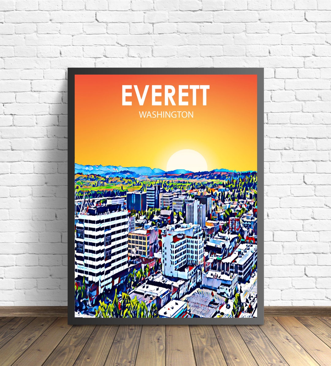 Everett Washington Art Poster Sunset Landscape Poster Print, Everett ...