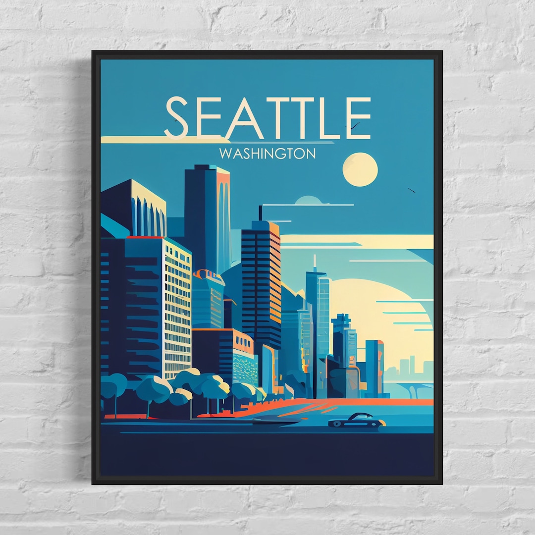 Seattle Washington Retro Art Print, Seattle Wall Art Illustration ...