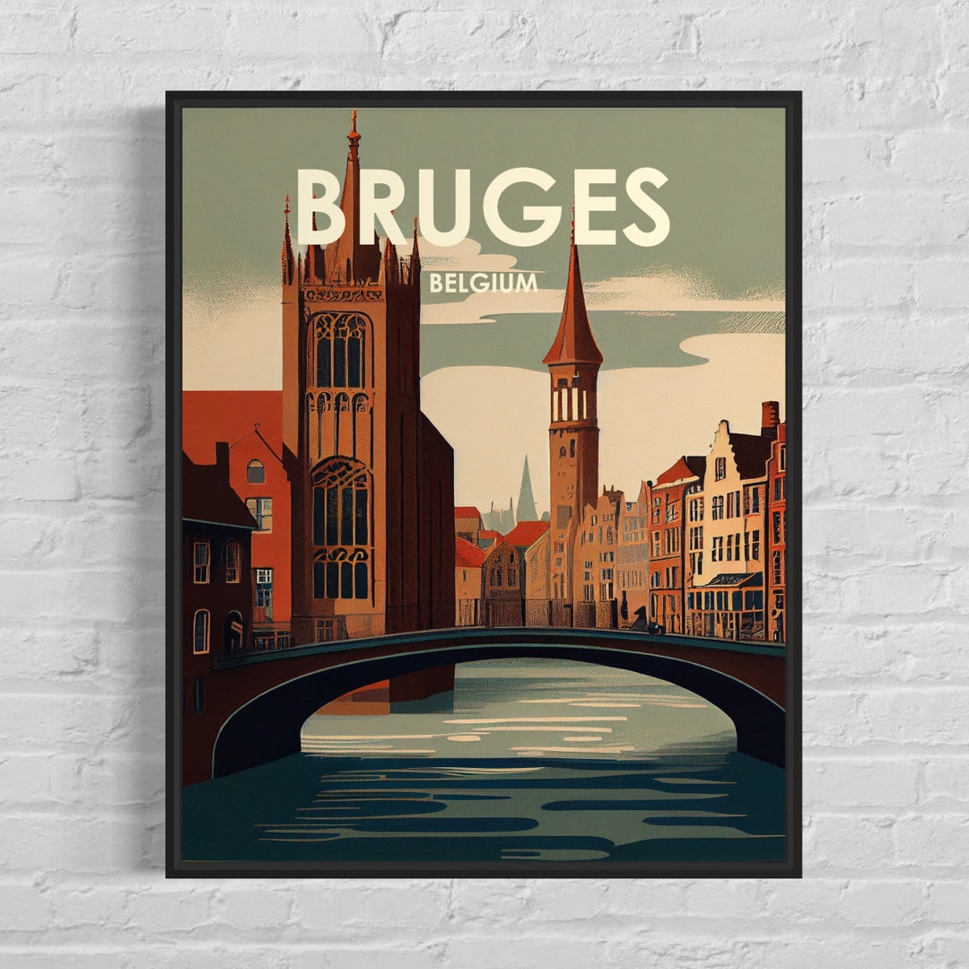 Bruges Belgium Retro Art Print, Bruges Belgium Wall Art Illustration ...