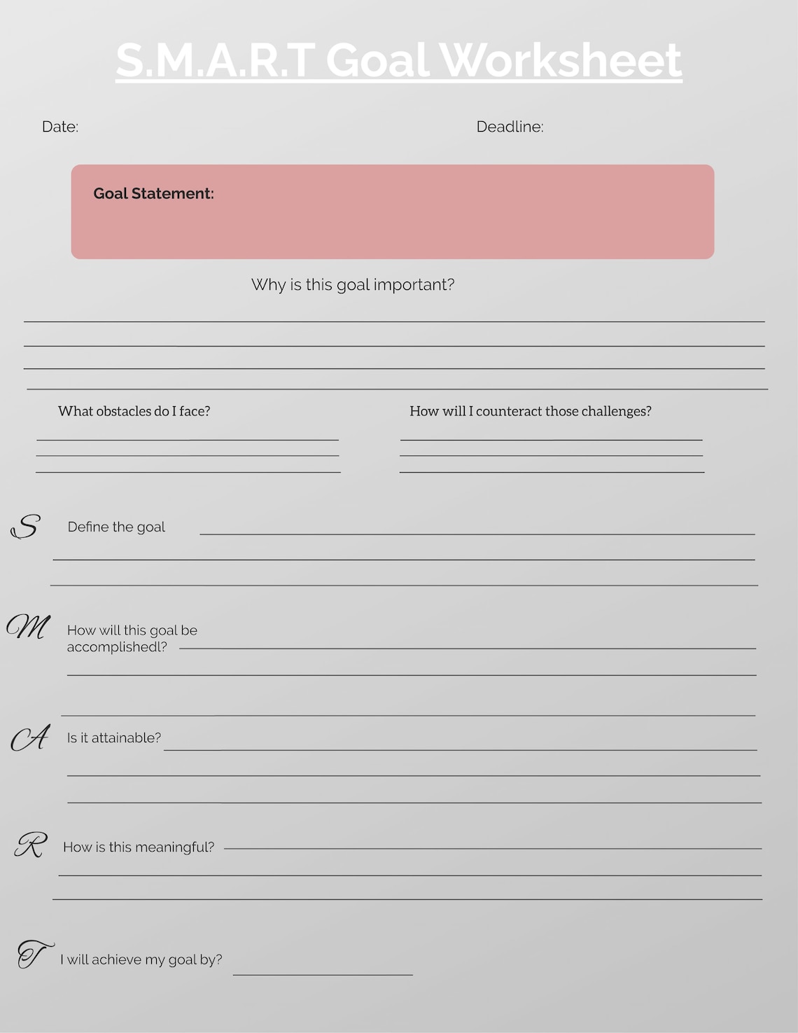 SMART Goal Worksheet, SMART Template, Digital/printable SMART Worksheet ...