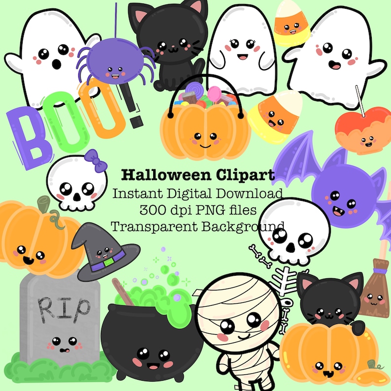 Halloween Clipart - Cute Kawaii Halloween Clipart - Transparent a ...