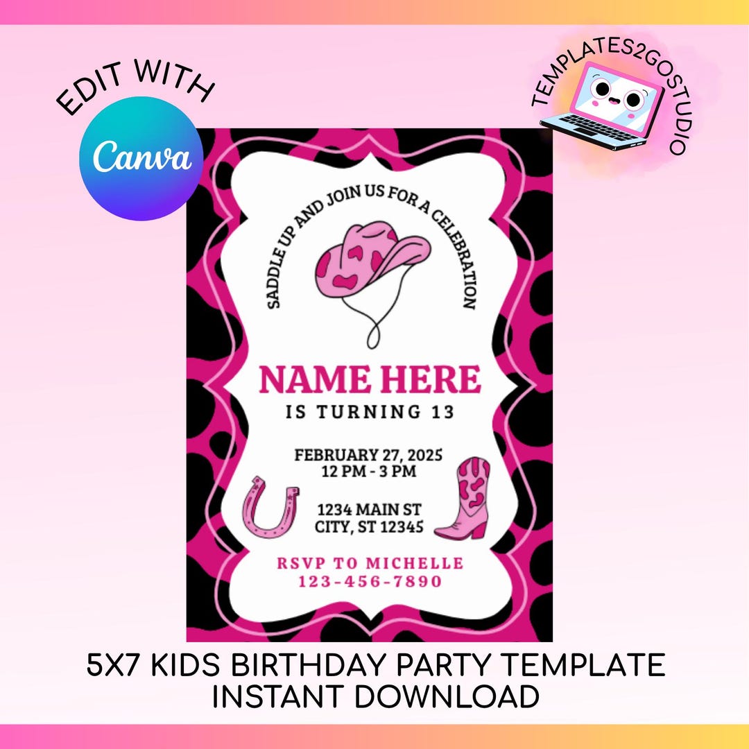 Editable Pink Rodeo Cowgirl Birthday Party Invitation - Etsy