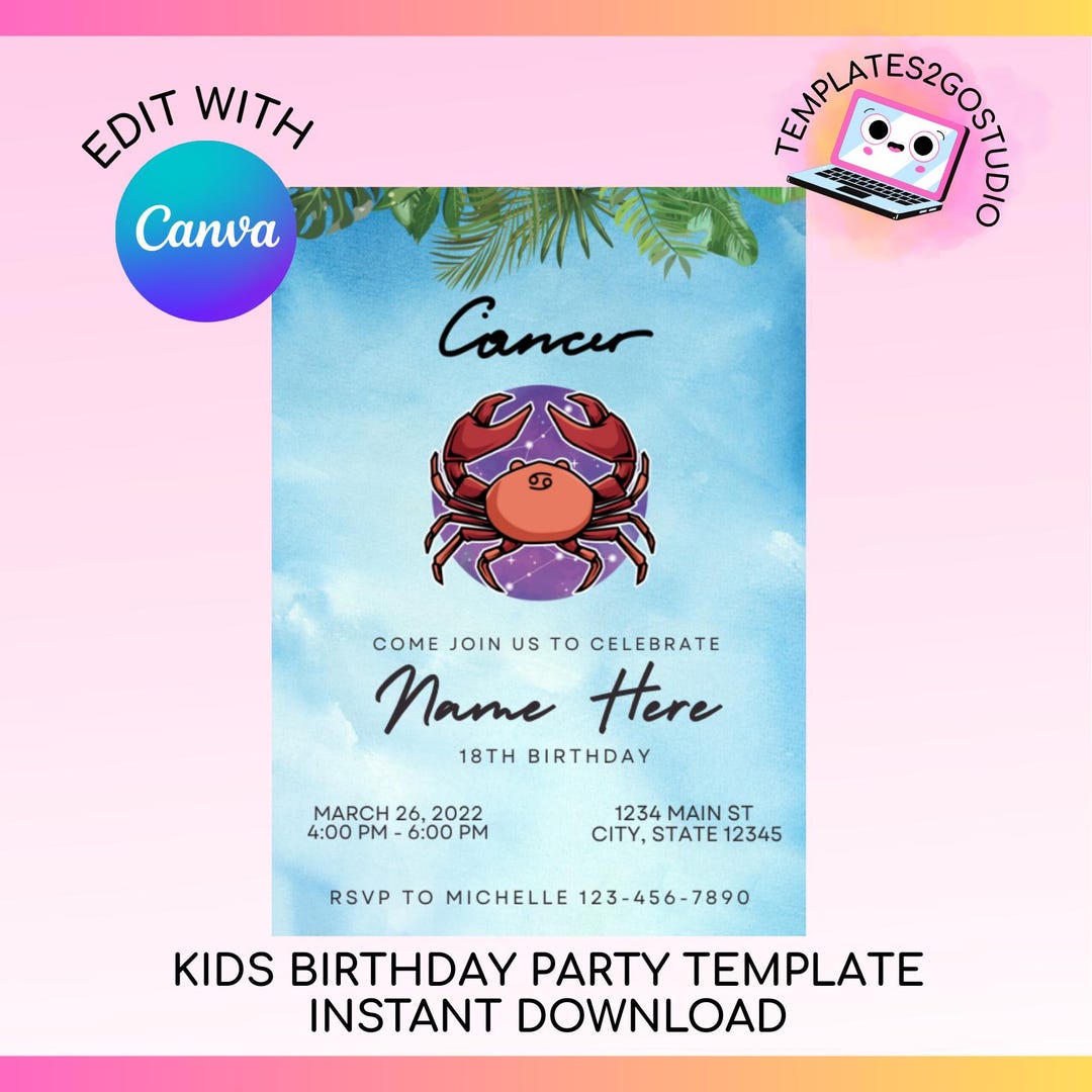 Editable Cancer Zodiac Birthday Party Invitation - Etsy