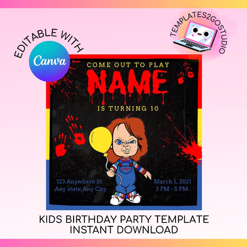 Editable Chucky Doll Kids Birthday Party Invitation, Boy Invitation ...