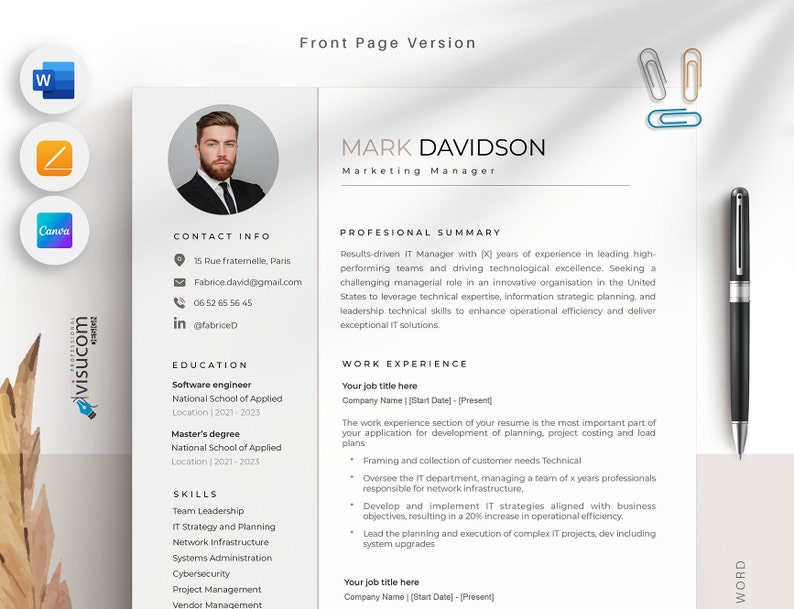 Resume Apple Pages Template, Canva, Microsoft Word, Professional Resume ...