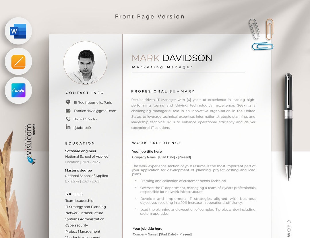 Resume Apple Pages Template Canva Microsoft Word - Etsy