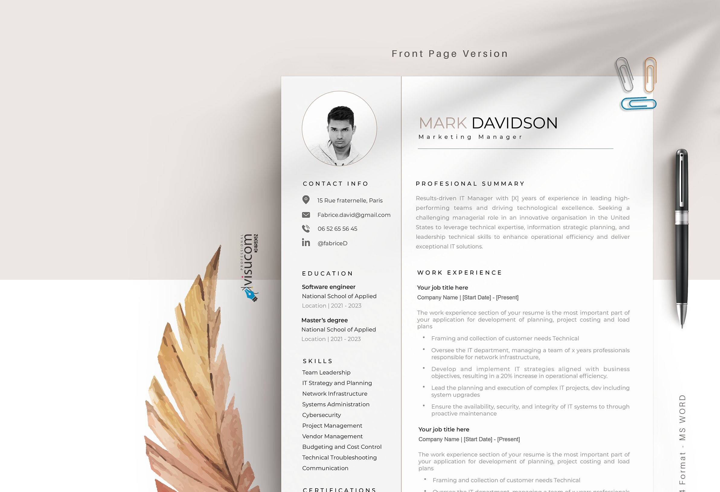 Resume Apple Pages Template, Canva, Microsoft Word, Professional Resume ...