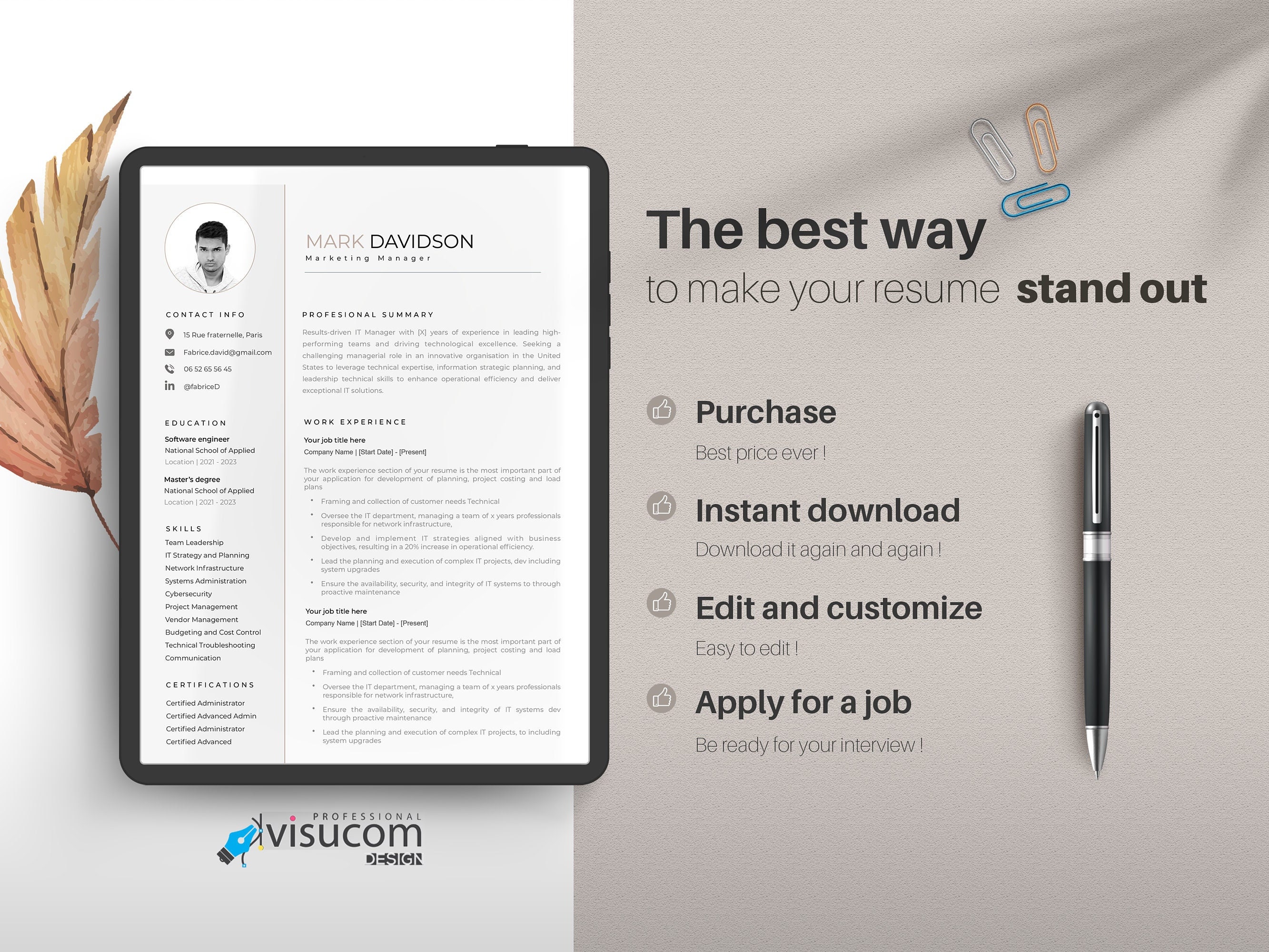Resume Apple Pages Template, Canva, Microsoft Word, Professional Resume ...