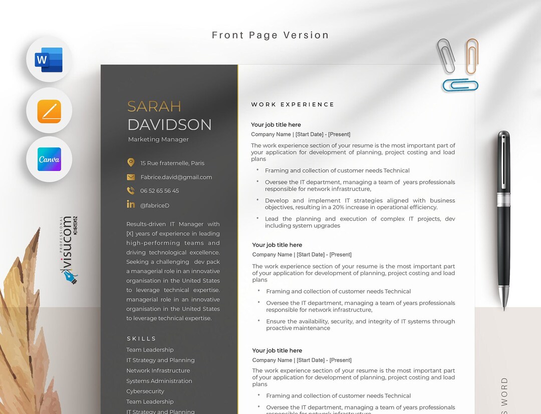 Resume Template Microsoft WORD, Apple Pages, CANVA Professional Resume ...