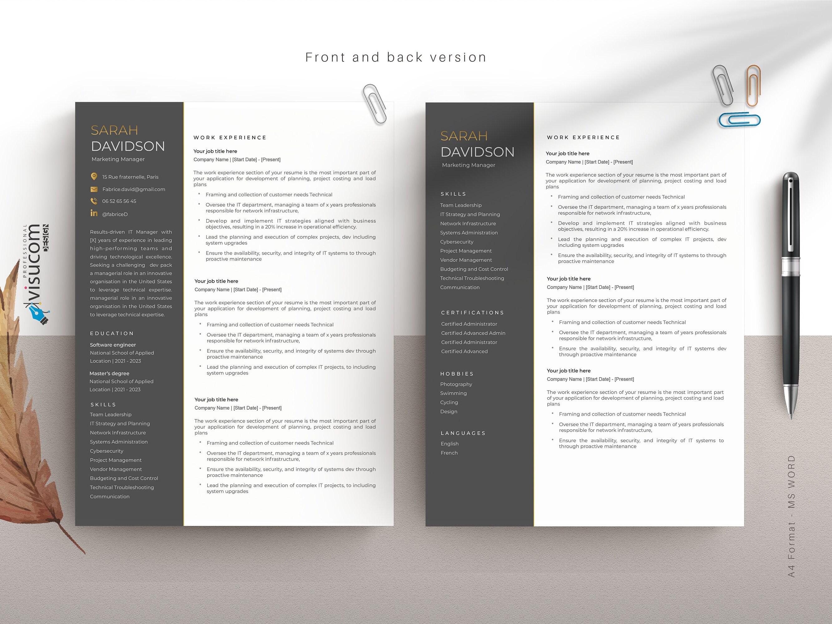 Resume Template Microsoft WORD, Apple Pages, CANVA Professional Resume ...