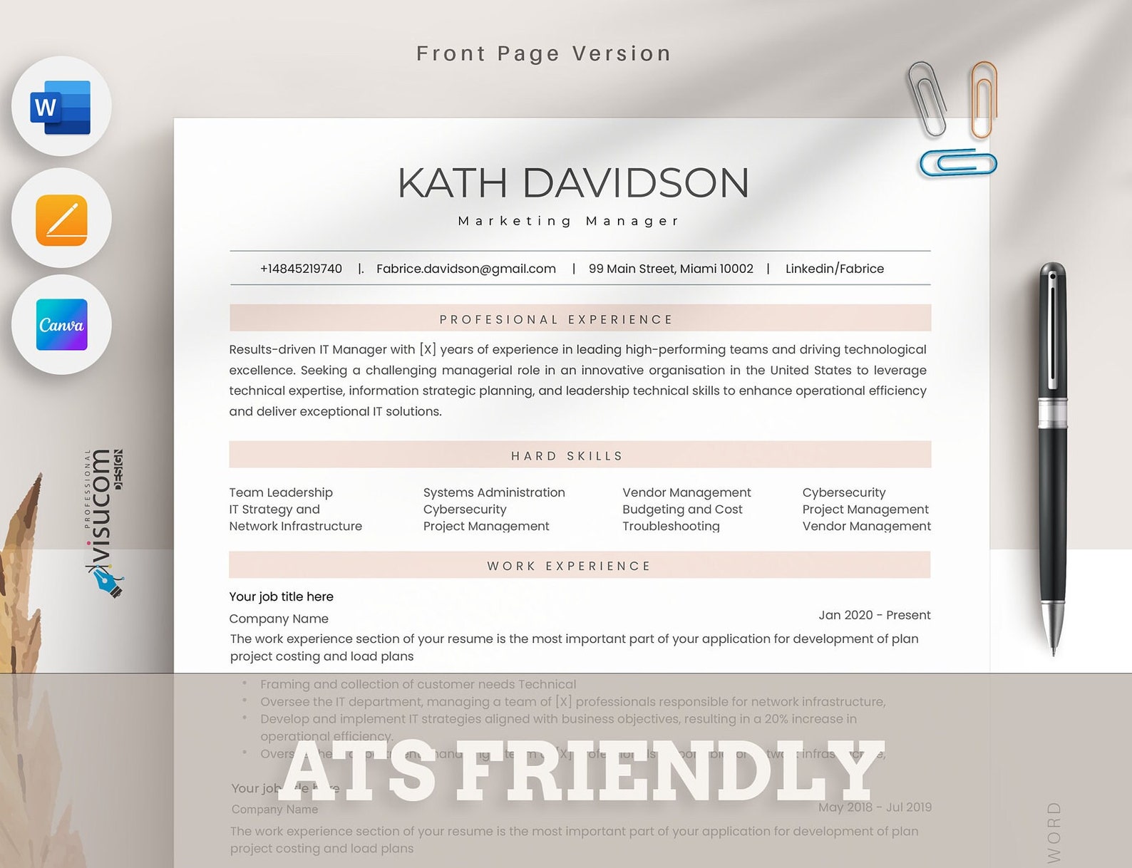 ATS Cv Template Word, Pages, Canva, ATS RESUME Template, Professional ...
