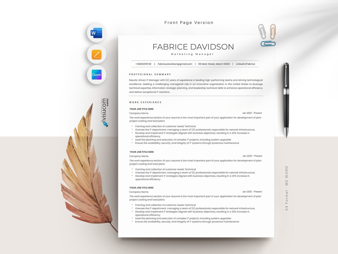 Resume Template Canva,word, Pages, ATS RESUME Template, Professional Cv ...