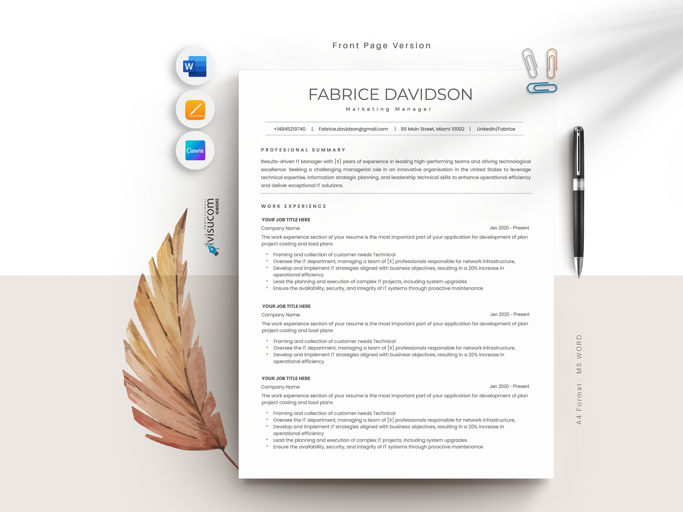 Resume Template Canva,word, Pages, ATS RESUME Template, Professional Cv ...