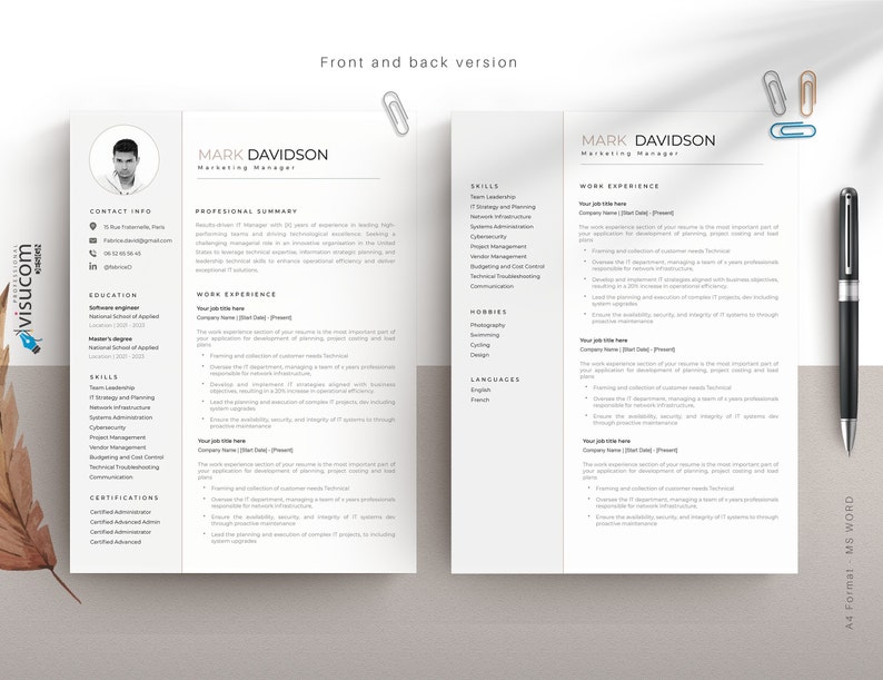 Resume Apple Pages Template, Canva, Microsoft Word, Professional Resume ...