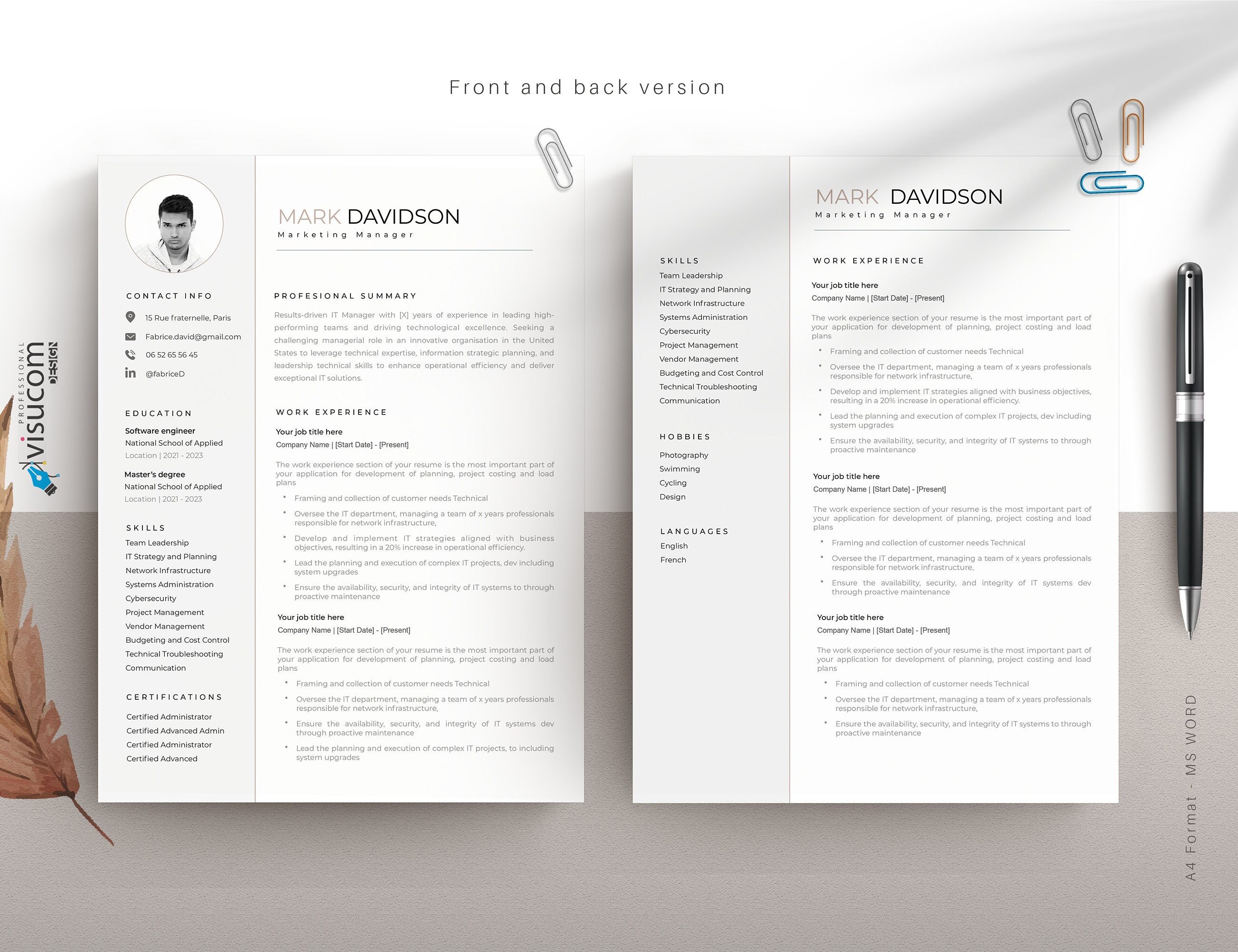 Resume Apple Pages Template, Canva, Microsoft Word, Professional Resume ...